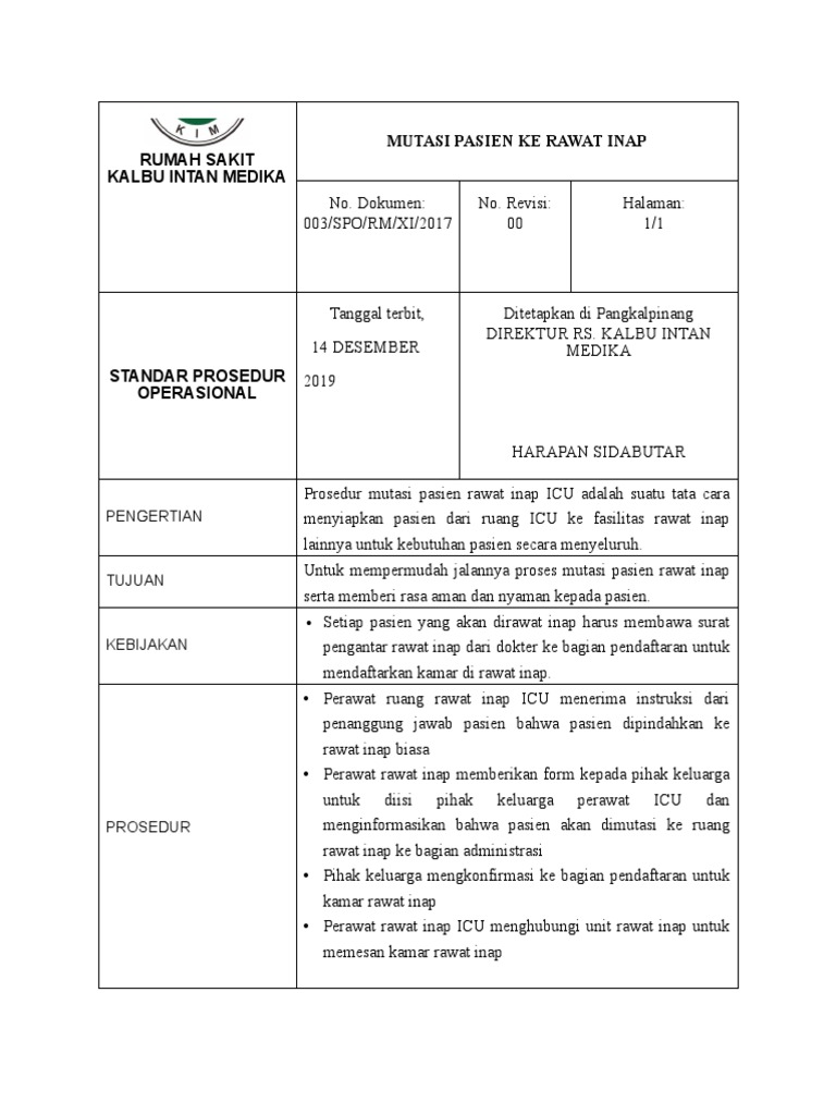 Sop Mutasi Pasien Icu Ke Ranap | PDF