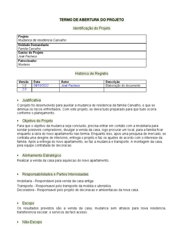 Modelo de Termo de Abertura de Projetos | PDF