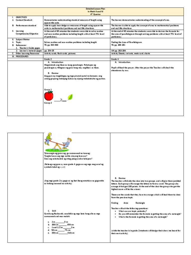 Detailed Lesson Plan in Math Quarter IV Grades 2 and 4 | PDF | Area ...