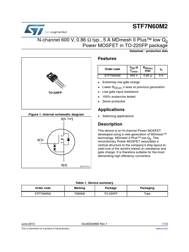 Stf7N60M2: N-Channel 600 V, 0.86 Typ., 5 A Mdmesh Ii Plus™ Low Q Power Mosfet in To-220Fp ...