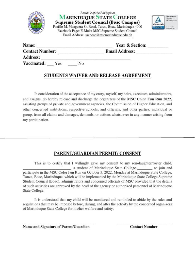MSC Color Fun Run 2022 Waiver Form | PDF | Social Science