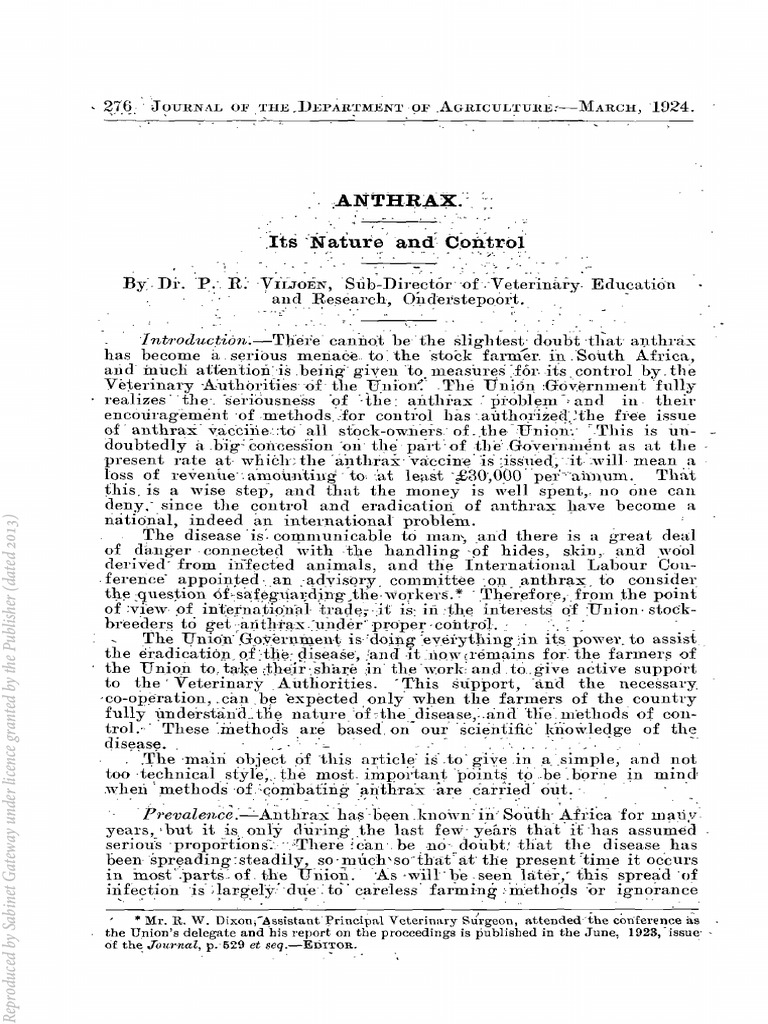 Antrax-Its Nature and Control - PR Viljoen | PDF | Anthrax | Clinical ...