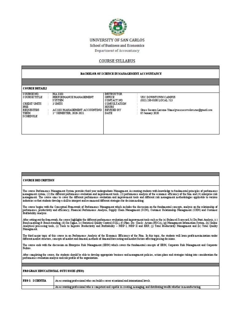 MA3102 Performance Management System Revised OBE Syllabus Final 081920 | PDF