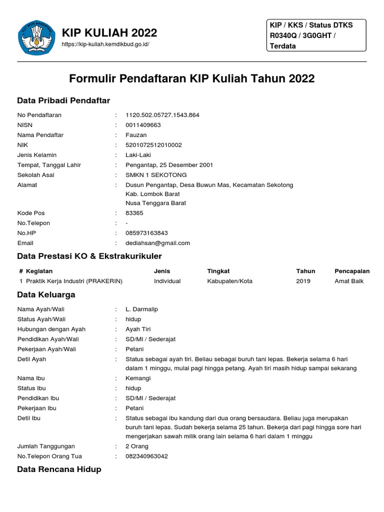 Formulir Peserta KIP Kuliah 2022 | PDF