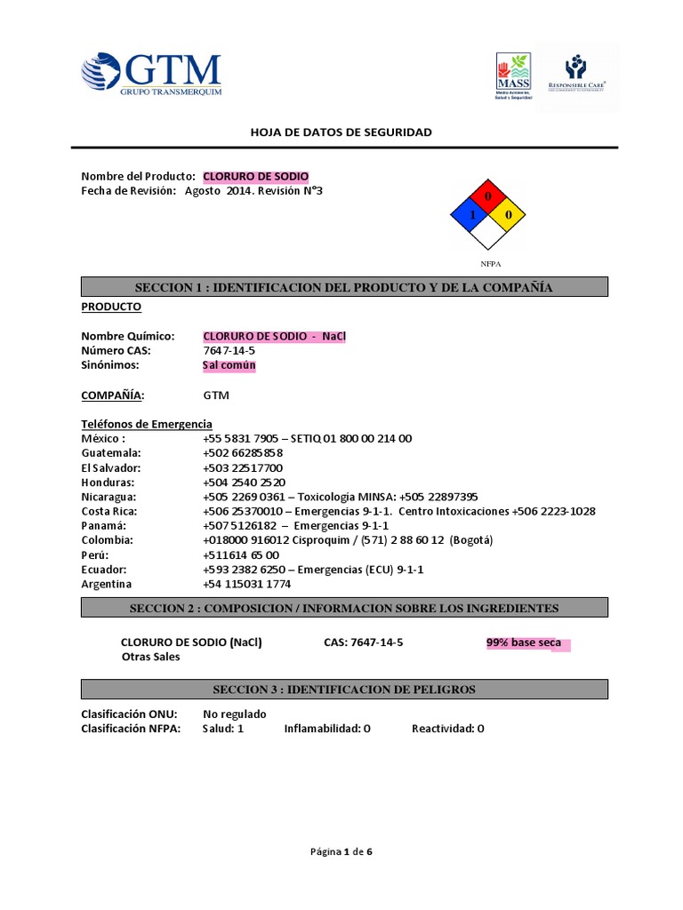Hoja de Seguridad de NaCl - Equipo 2 | PDF
