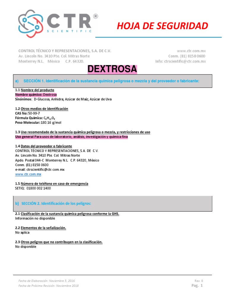 Hoja de Seguridad: Dextrosa | PDF | Agua | Química