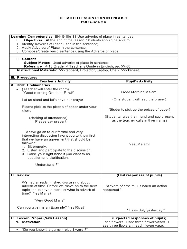 Detailed Lesson Plan in English Grade IV | PDF | Lesson Plan | Teachers
