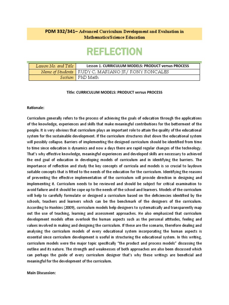 Analysis of Product Versus Process Curriculum Models in Mathematics ...