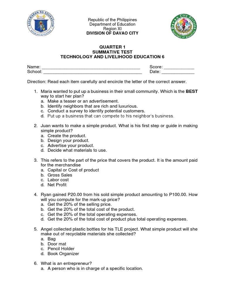 Q1 TLE 6 Summative Test 1 | PDF | Spreadsheet | Wiki
