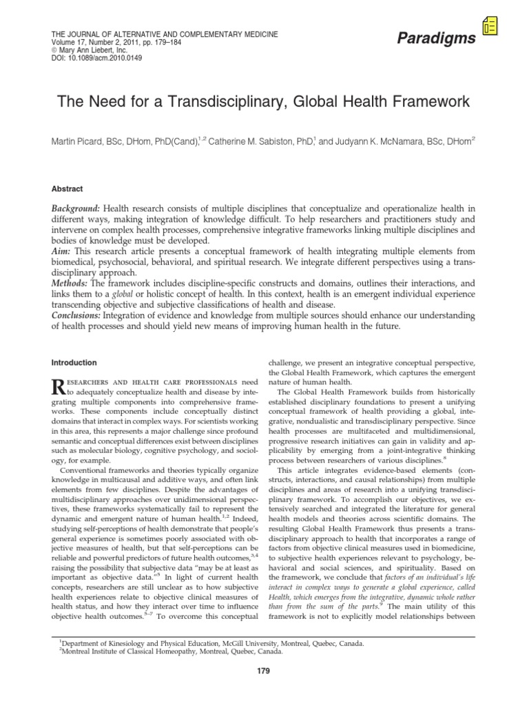 Picard, M. Et Al. (2011) - The Need For A Transdisciplinary, Global Health Framework | PDF ...