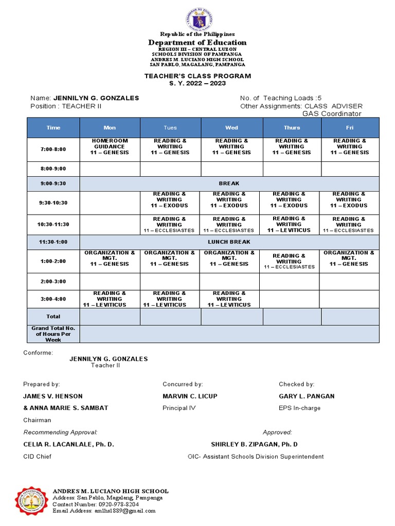 Shs Teachers Individual Class Program 1st Sem Sy 2022 2023 | PDF