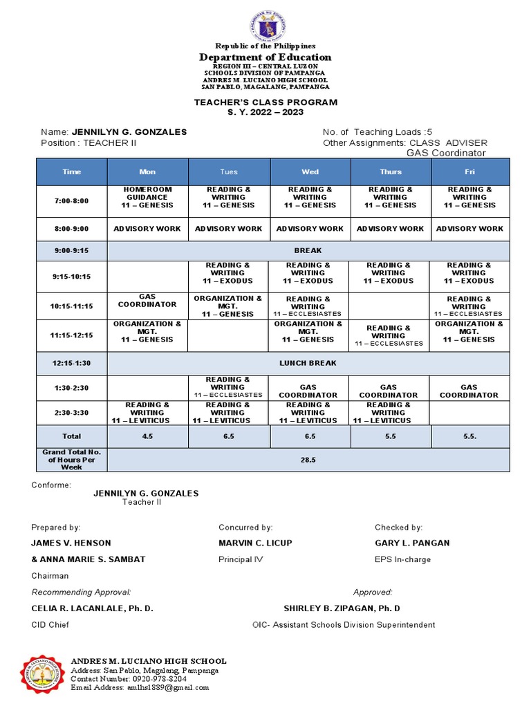 Shs Teachers Individual Class Program 1st Sem Sy 2022 2023 With Extra ...