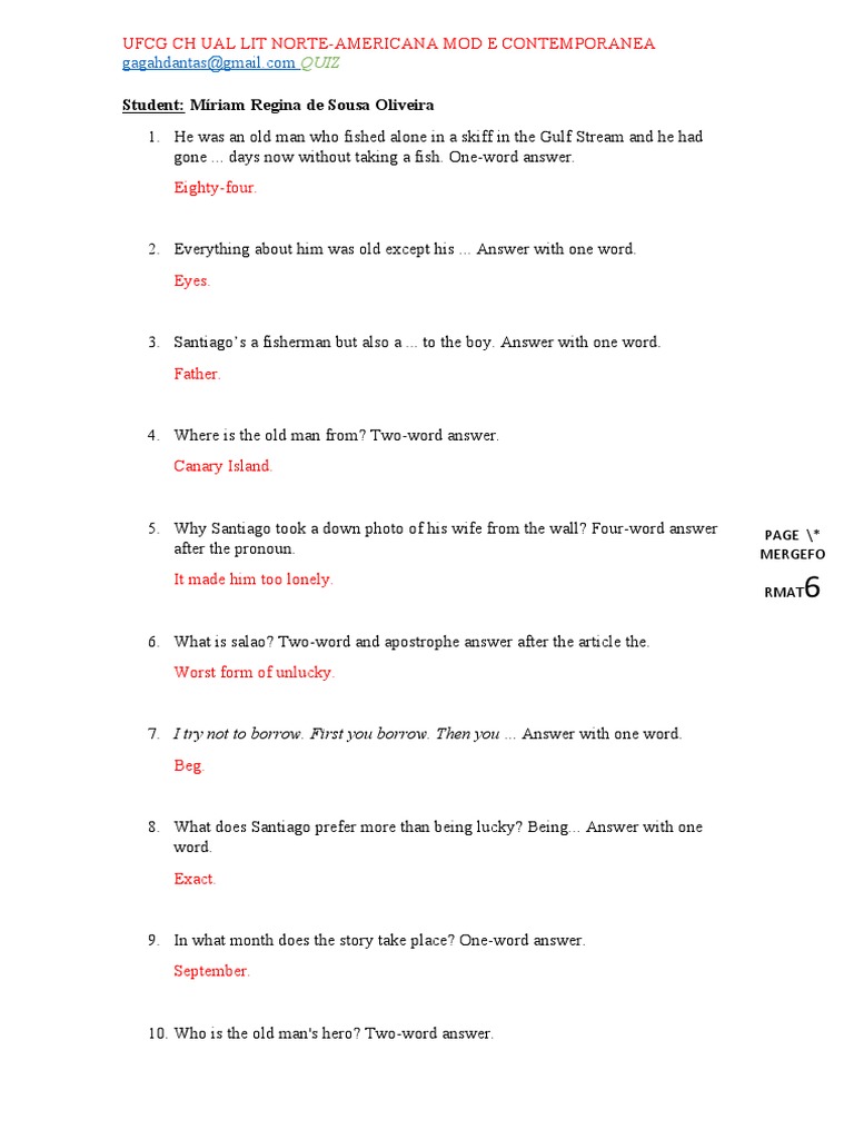 Quiz - The Old Man and The Sea | PDF | Young Adult