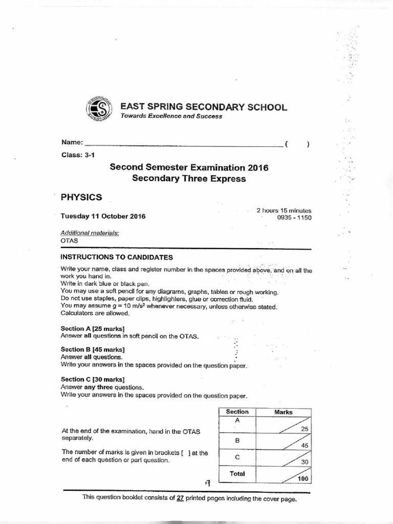 2016 East Spring Secondary School Physics Sec 3 EOY | PDF