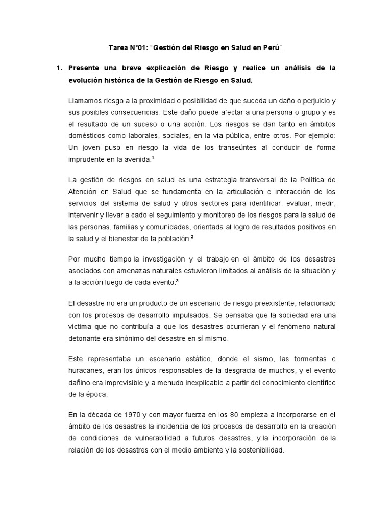 Tarea N° 1. Gestión del Riesgo en Salud en Perú. Aguilar Maldonado Jean ... Tarea N° 1. Gestión del Riesgo en Salud en Perú. Aguilar Maldonado Jean ...