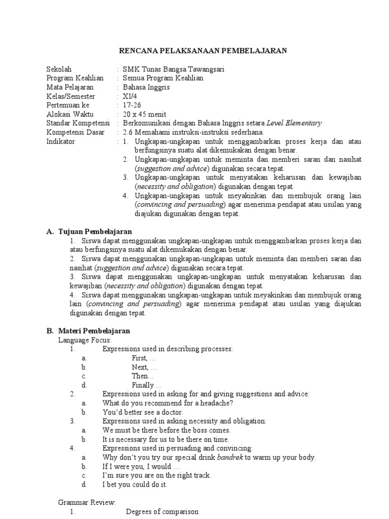 RPP - Bahasa Inggris - SMK - XI - KD.06 | PDF