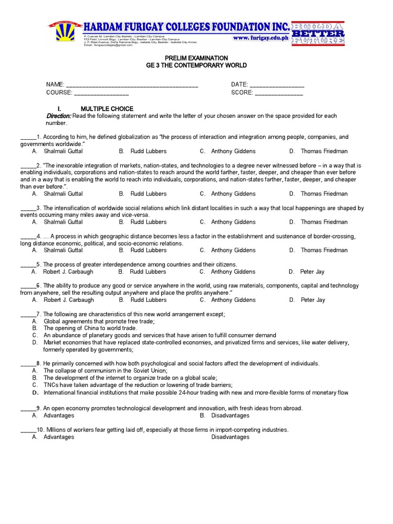 Ge3 Prelim Examination | PDF