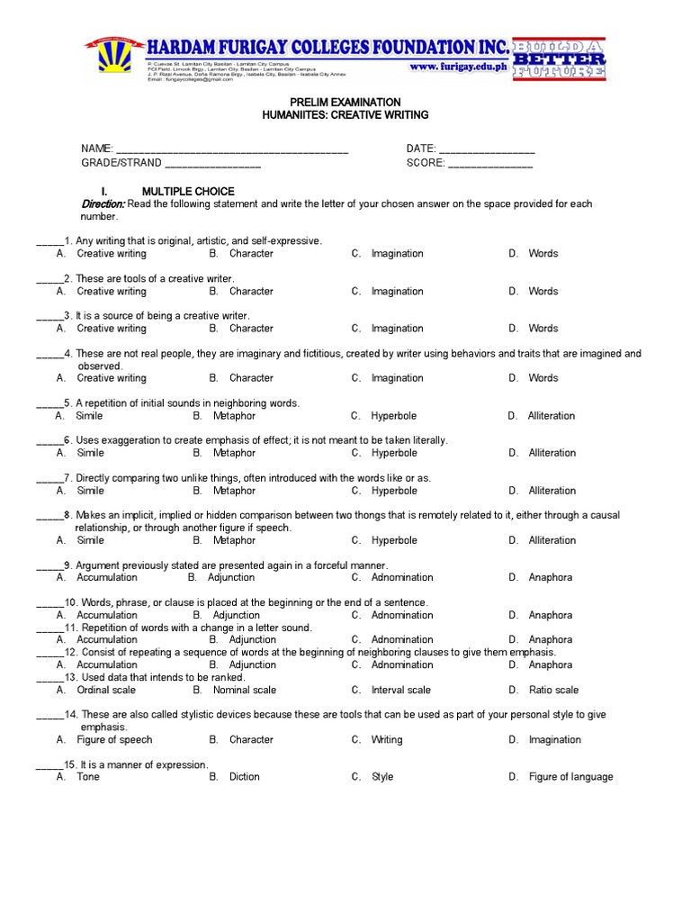 Prelim Examination Creative Writing | PDF | Metaphor | Level Of Measurement