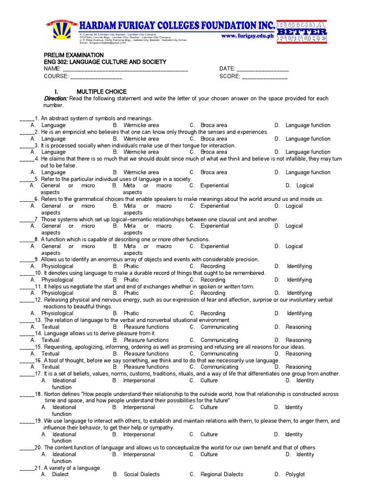 Prelim Examination Eng 302 | PDF | Multilingualism | Dialect