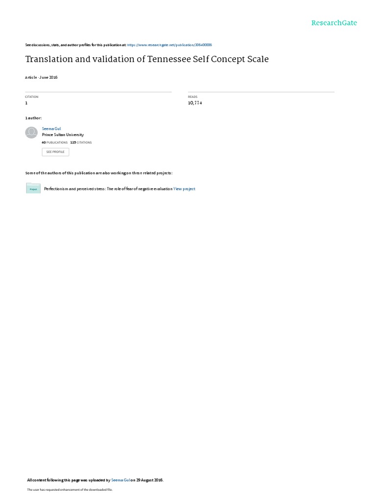 Translation and Validation of the Tennessee Self Concept Scale into ...