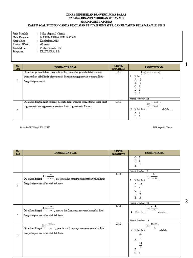 2 - Kartu Soal PTS Ganjil - Mapel MTK Minat Kelas Xii - 2022-2023 | PDF