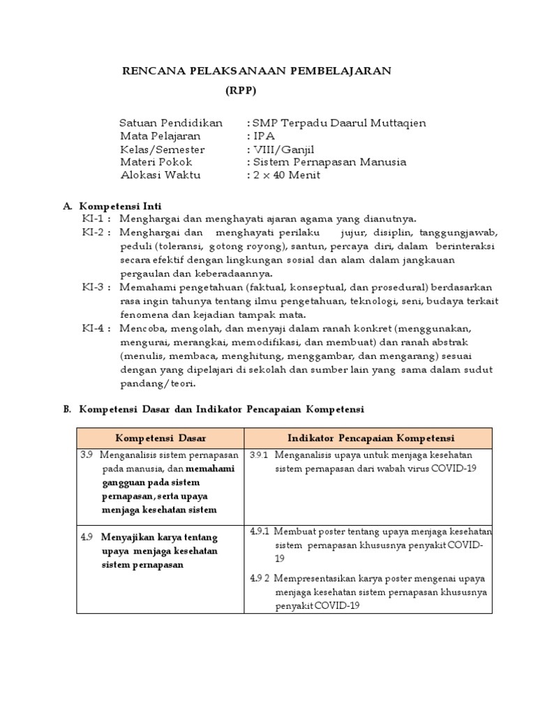 RPP Pjbl-Sistem Pernafasan - Rev2 | PDF | Seni | Sains & Matematika