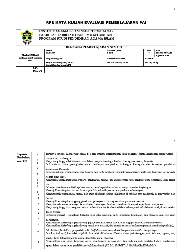 Rps Mata Kuliah Evaluasi Pembelajaran Pai | PDF | Kesehatan Holistik