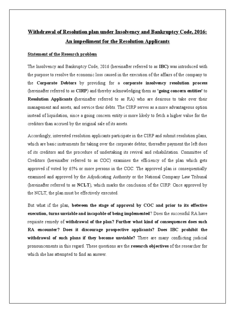Withdrawal of Resolution Plan Under Insolvency and Bankruptcy Code.... | PDF | Bankruptcy ...