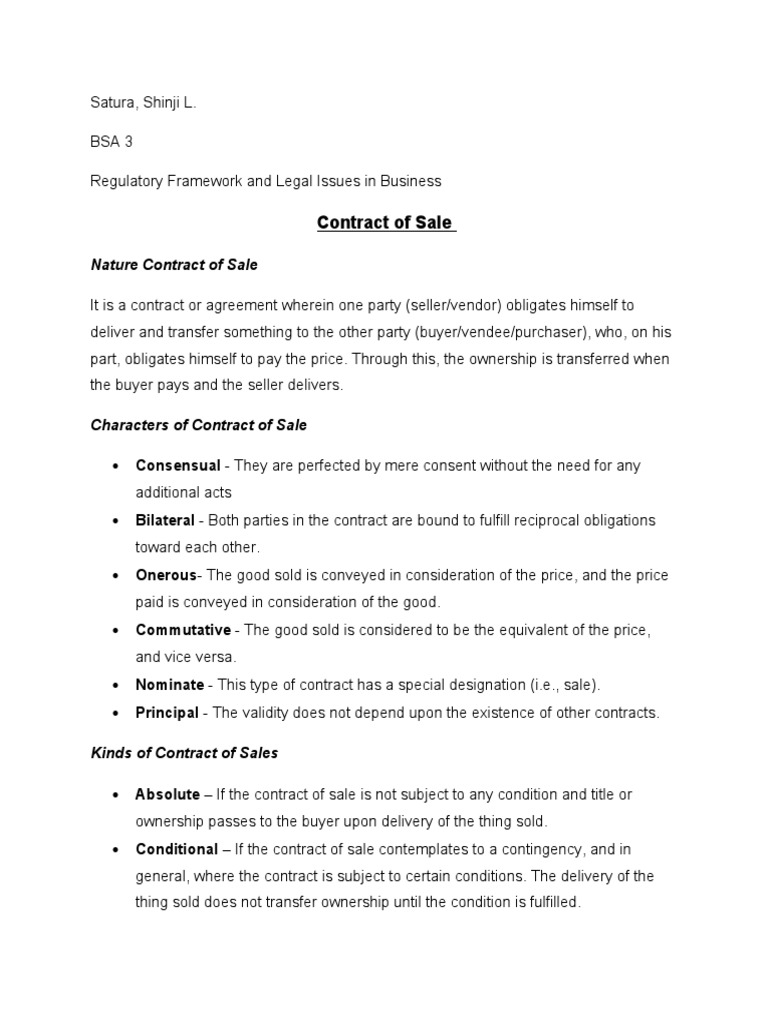 Contract of Sale: Key Elements & Types | PDF | Finance & Money ...