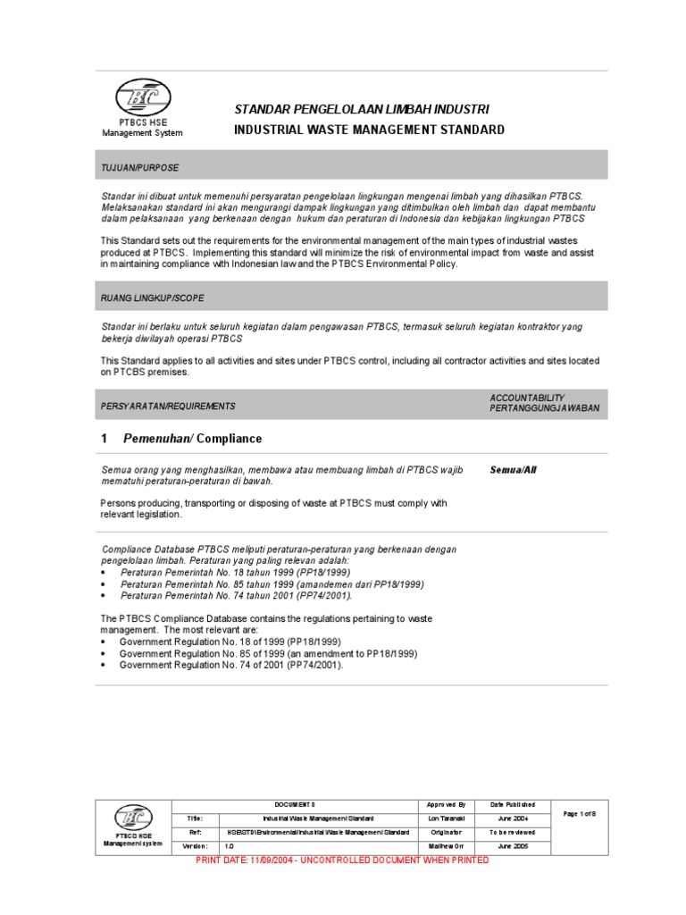 Industrial Waste Management Standard | PDF