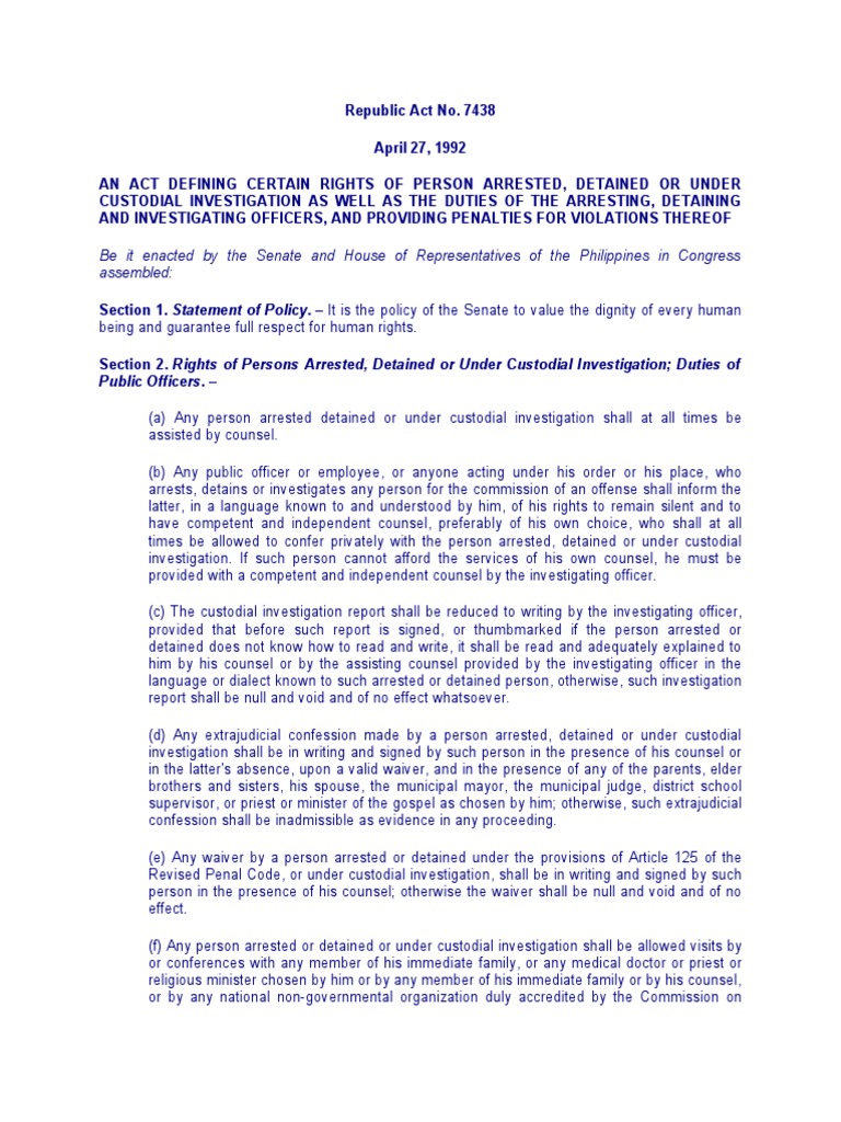 Republic Act No 7438 | PDF | Right To Silence | Crime & Violence