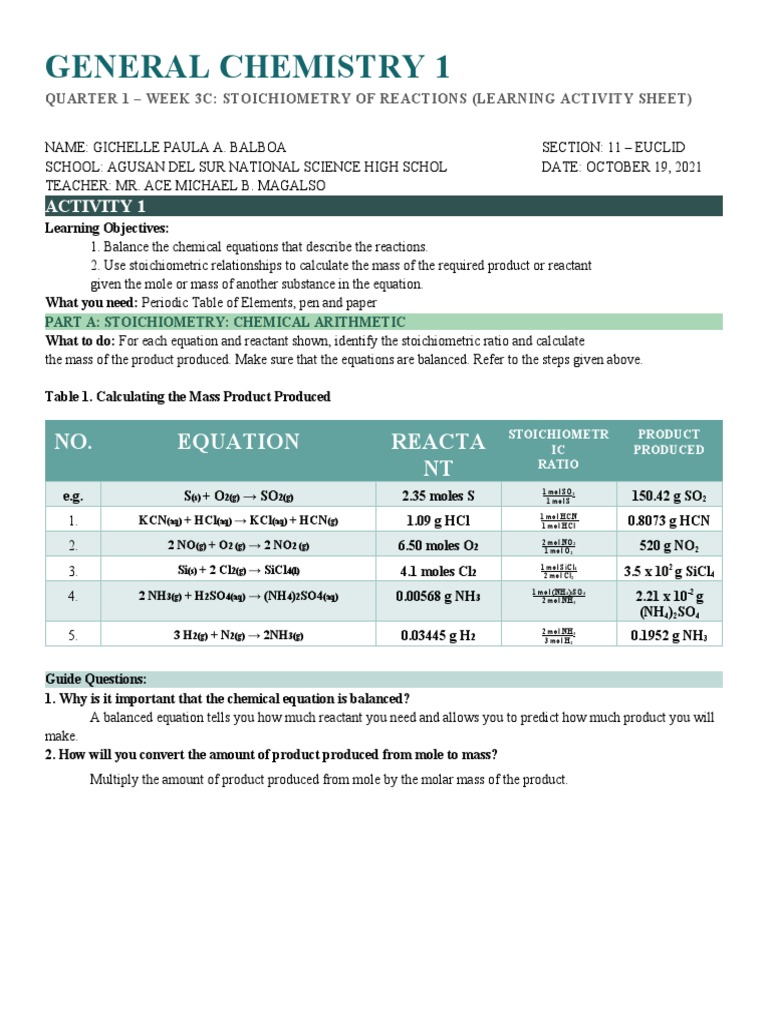 General Chemistry 1 Quarter 1 - Week 3C (Stoichiometry of Reactions ...