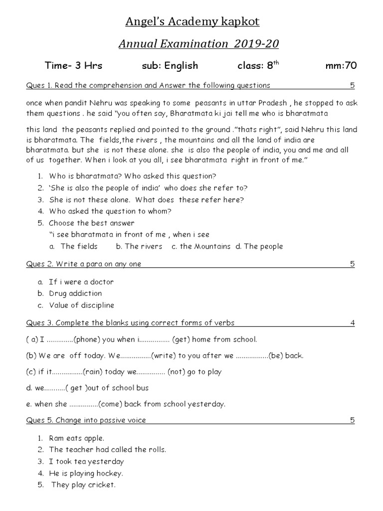 8th Grade English Exam Paper 2019-20 | PDF | Grammar | Linguistic ...