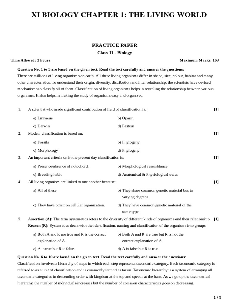 XI Biology Chapter 1 Classification Practice Paper | PDF | Taxonomy ...