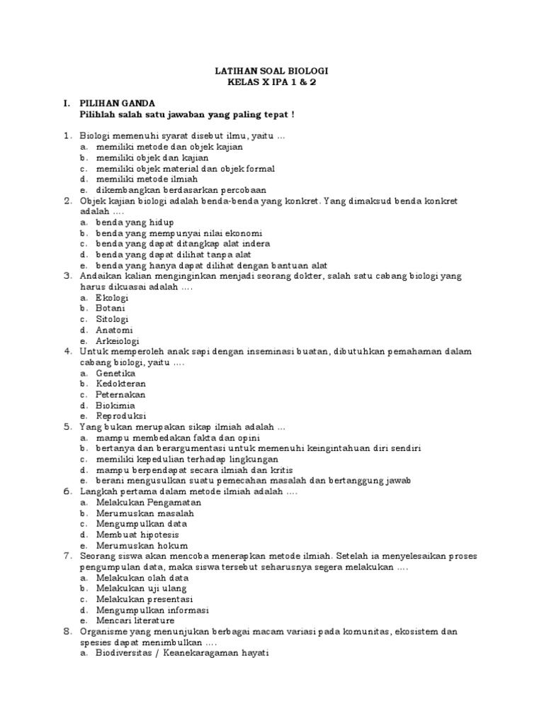 Latihan Soal Biologi Semester 1 | PDF Latihan Soal Biologi Semester 1 | PDF
