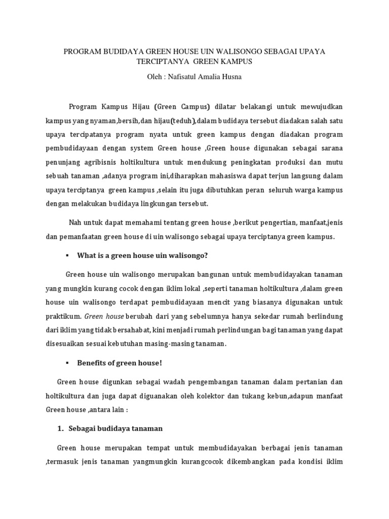 Program Budidaya Green House Uin Walisongo Sebagai Upaya Terciptanya Green Kampus | PDF | Griya ...