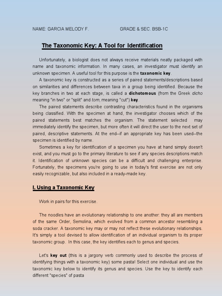 Activity - The Taxonomic Key Intro - GARCIA MELODY | PDF | Taxonomy ...