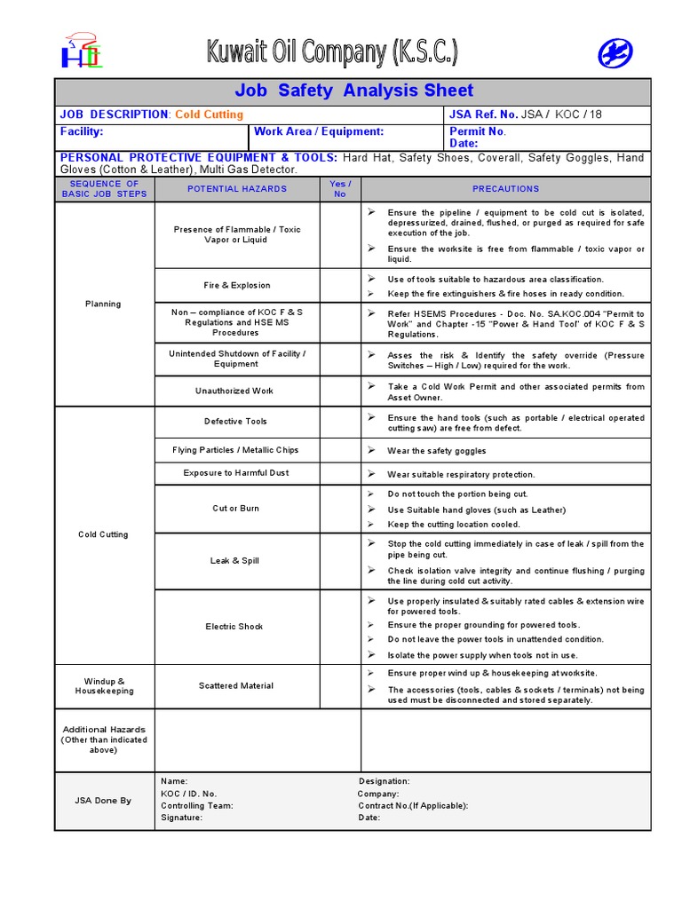 Cold Cutting Job Safety Analysis | PDF | Occupational Safety And Health ...