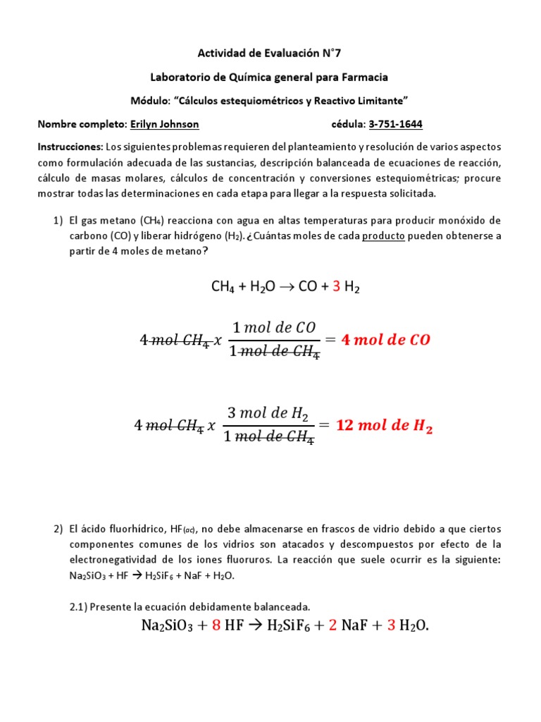 Cálculos Estequiométricos y Reactivo Limitante en Química | PDF ...