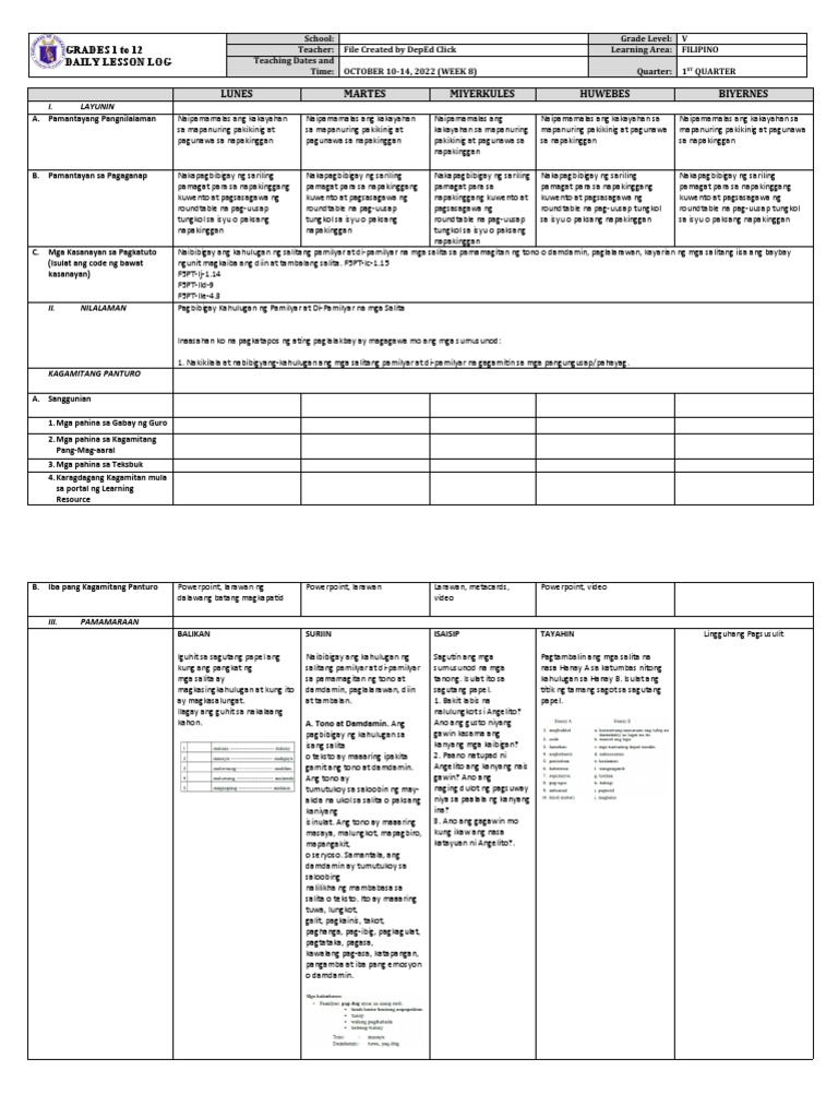 DLL - Filipino 5 - Q1 - W8 | PDF
