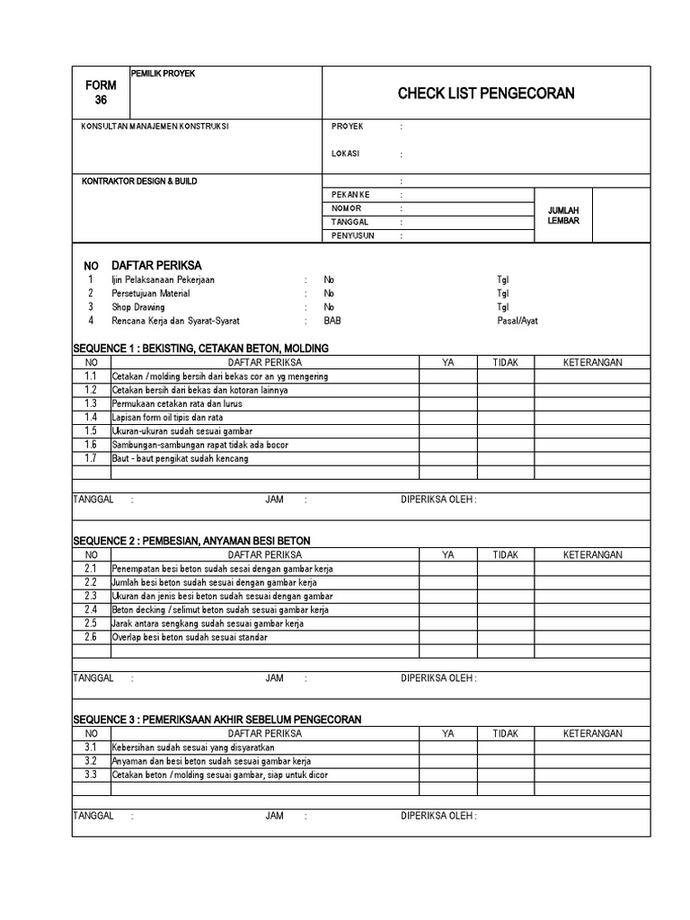 FORM 36 - Check List Pengecoran | PDF
