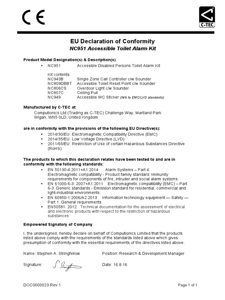 DOC0000023 R1 EU C-TEC NC951 Kit Declaration of Conformity | PDF