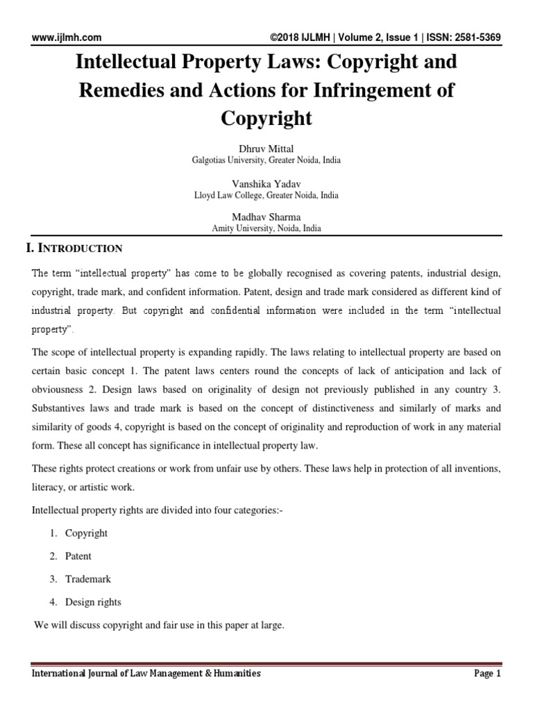 Intellectual Property Laws Copyright and Remedies and Actions For ...