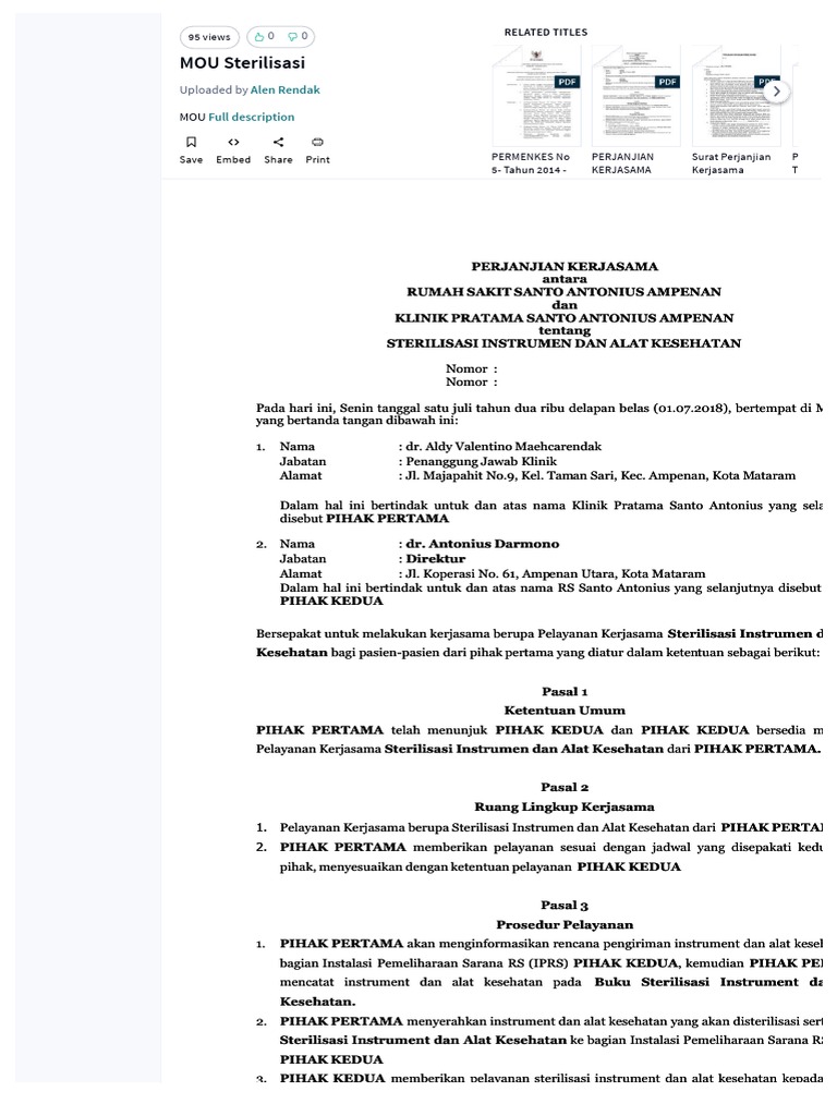 Draft Mou-Sterilisasi RSIA Harapan Mulya - RSKK | PDF
