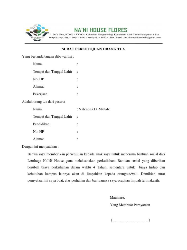 Surat Persetujuan Orang Tua | PDF