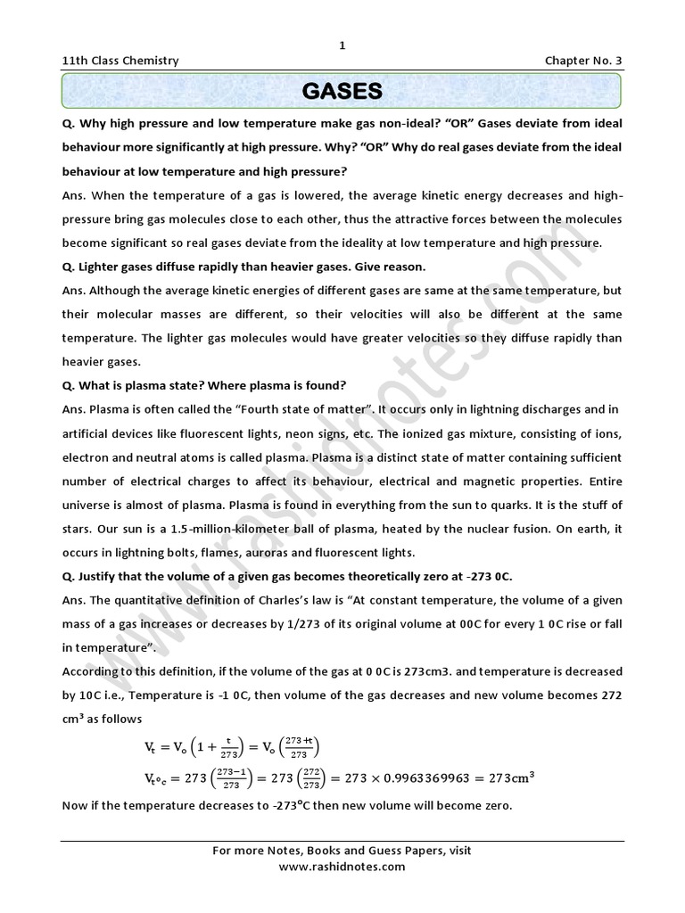 FSC 1st Year Chemistry Chapter 3 Notes | PDF | Gases | Plasma (Physics)