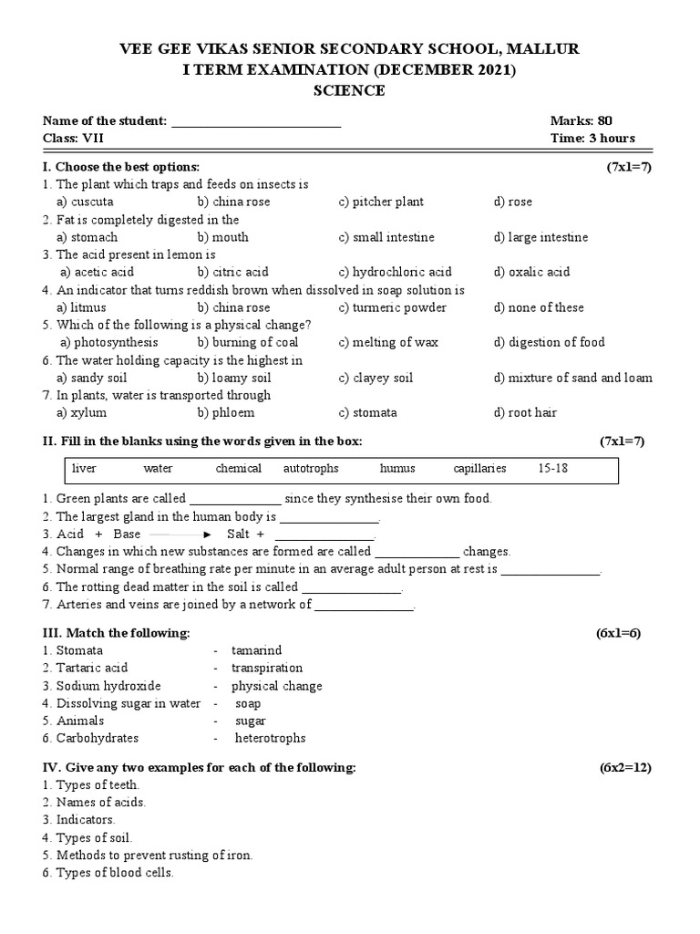 7 Science Term 1 (2021-22) | PDF | Soil | Digestion