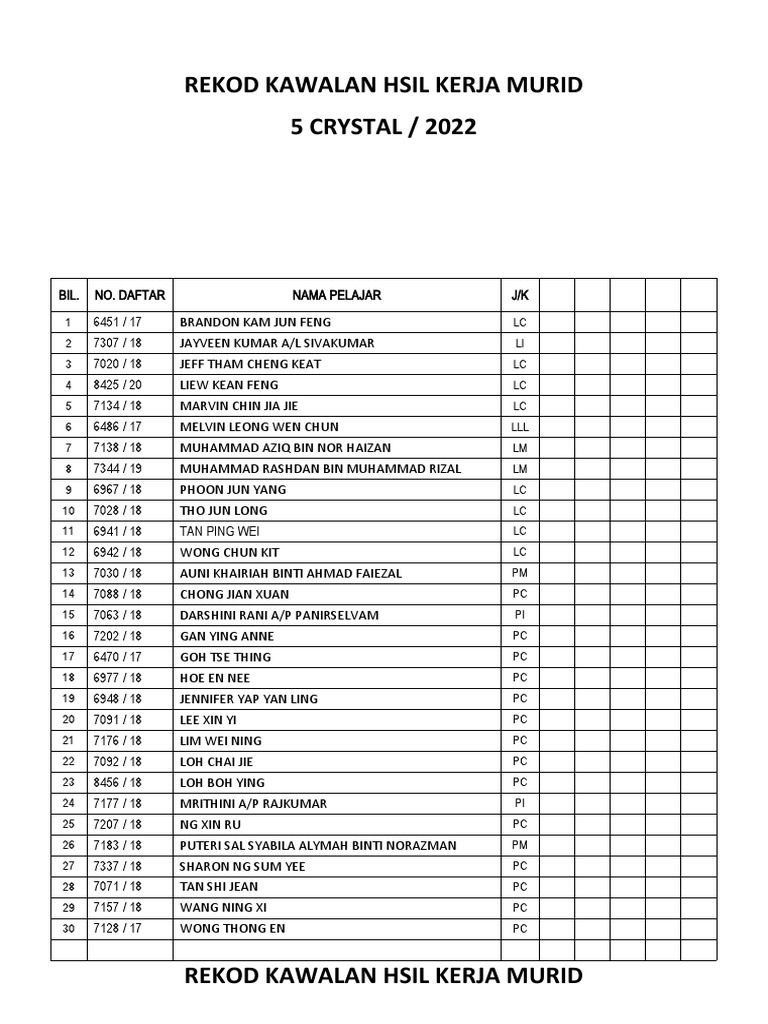 Rekod Kawalan Hsil Kerja Murid 2022 | PDF