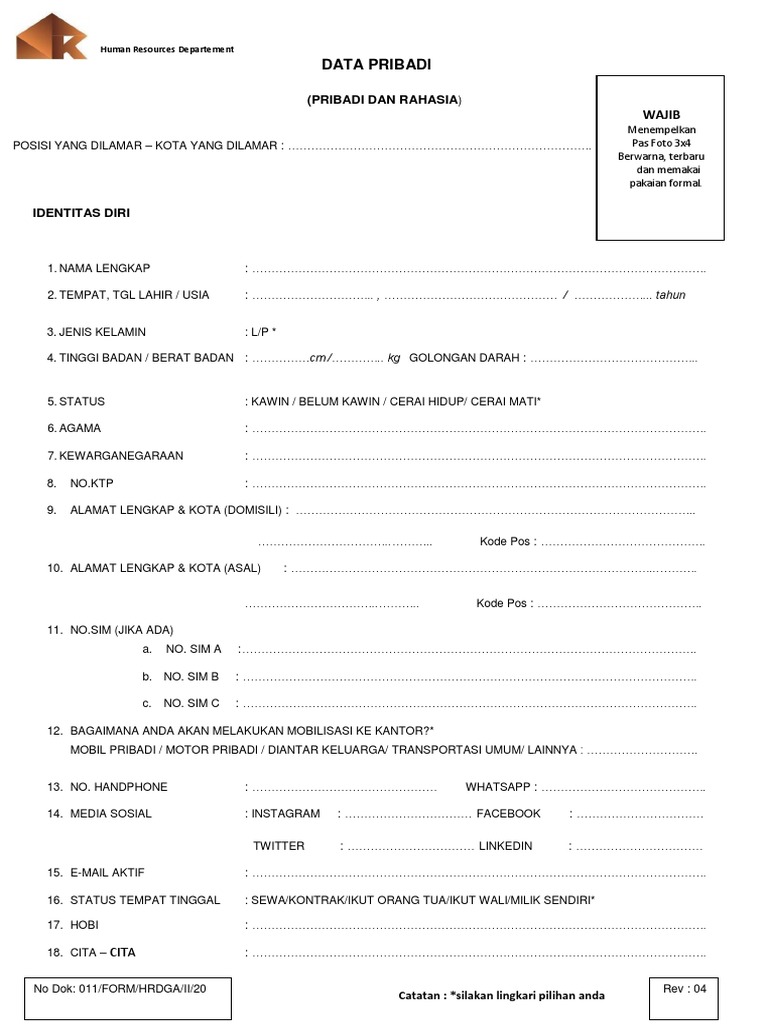 Form Data Pelamar MKM Rev 01 | PDF