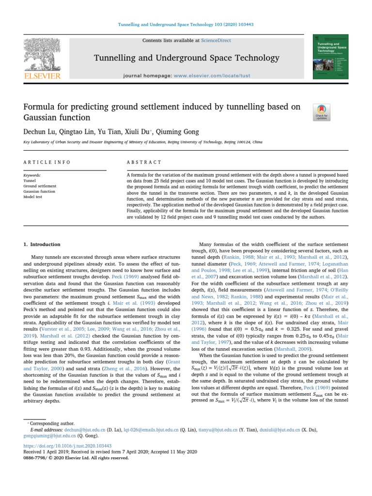 Formula For Predicting Ground Settlement Induced by Tunnelling Based On Gaussian Function | PDF ...